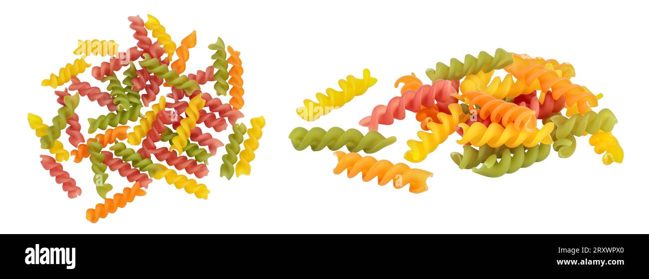 raw Fusilli colored pasta, isolated on white background with full depth ...