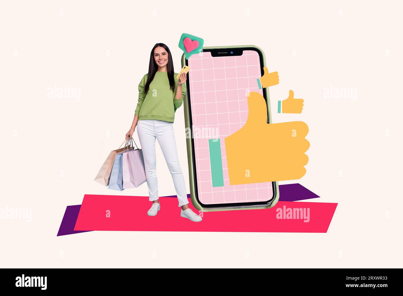 Artwork collage of mini happy girl hold sore shop bags use smart phone ...