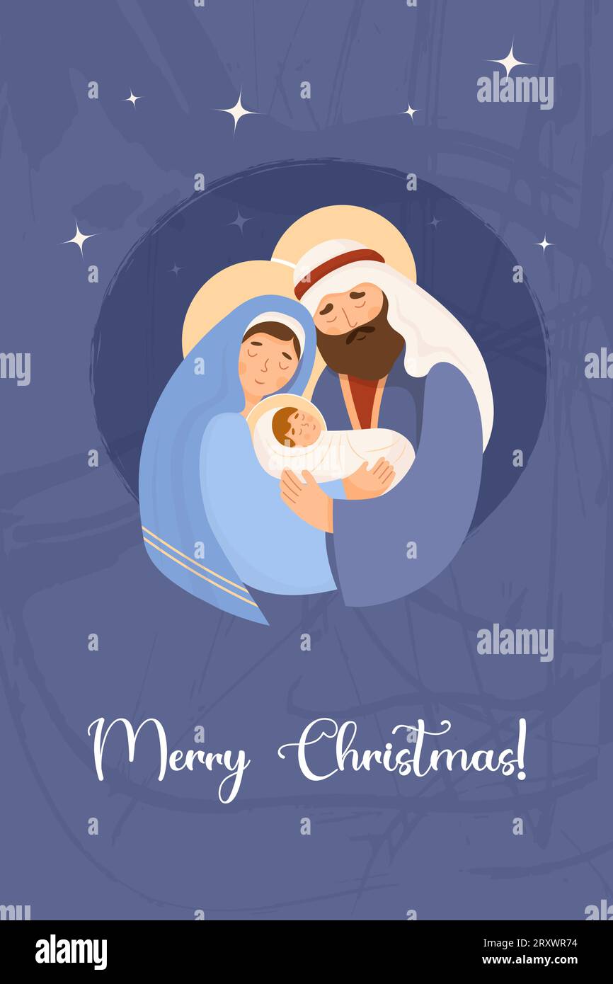 Merry Christmas card. Holy Family. Virgin Mary, saint Joseph and baby ...