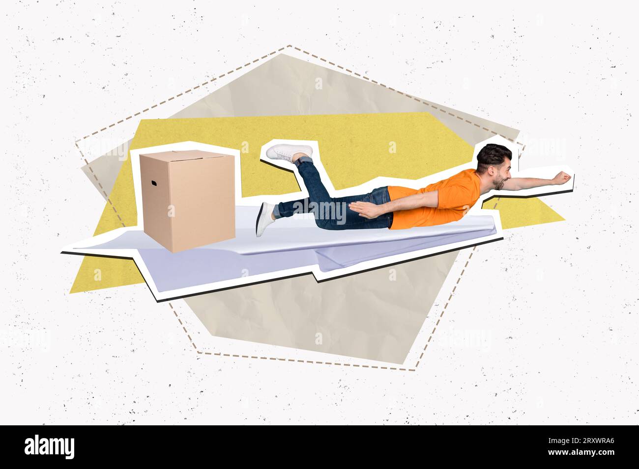 Collage picture of mini guy flying huge paper plane deliver carton box ...