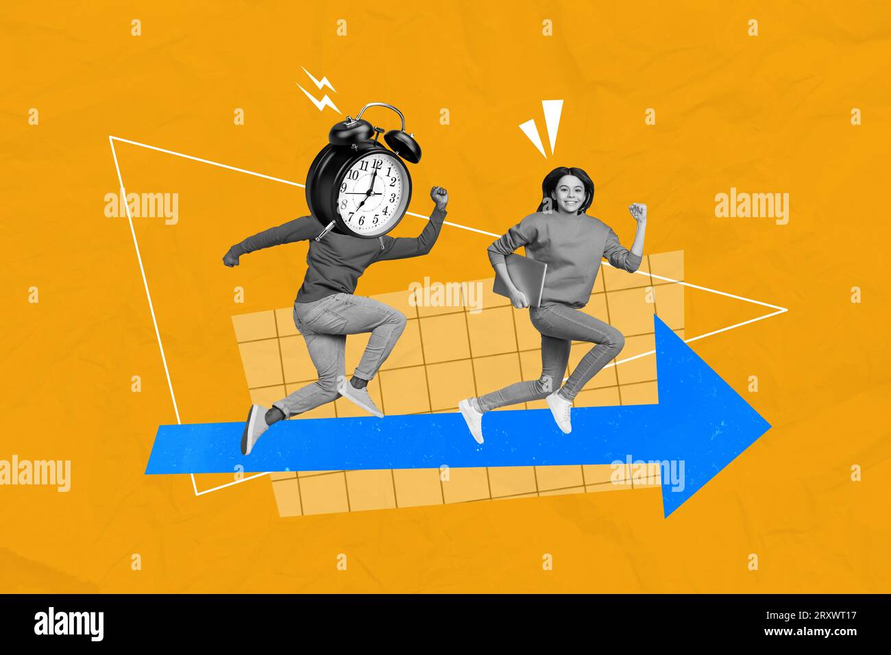 Picture image collage of two people running hurrying work time limit ...