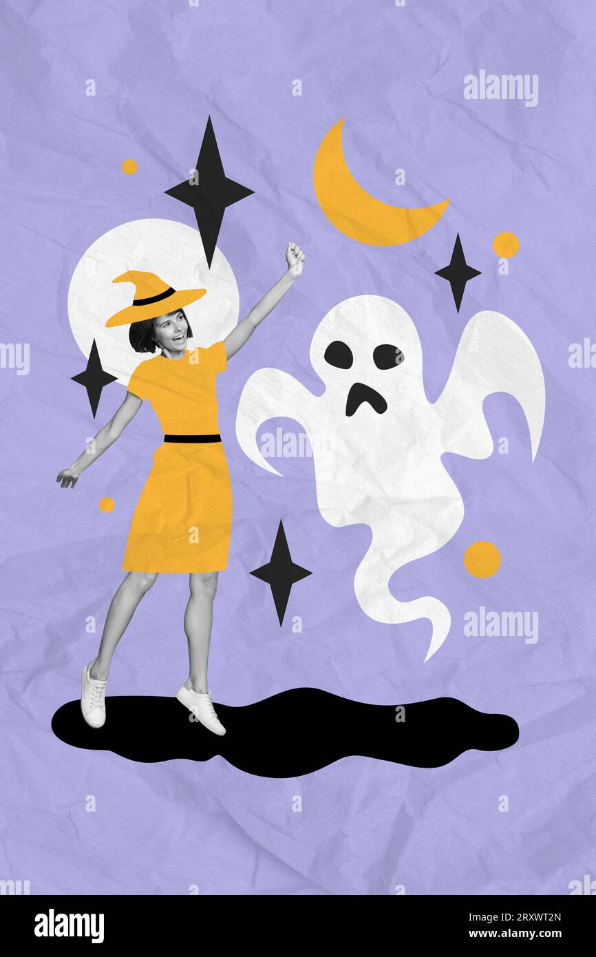 Vertical composite creative artwork photo collage of happy witch summon ...
