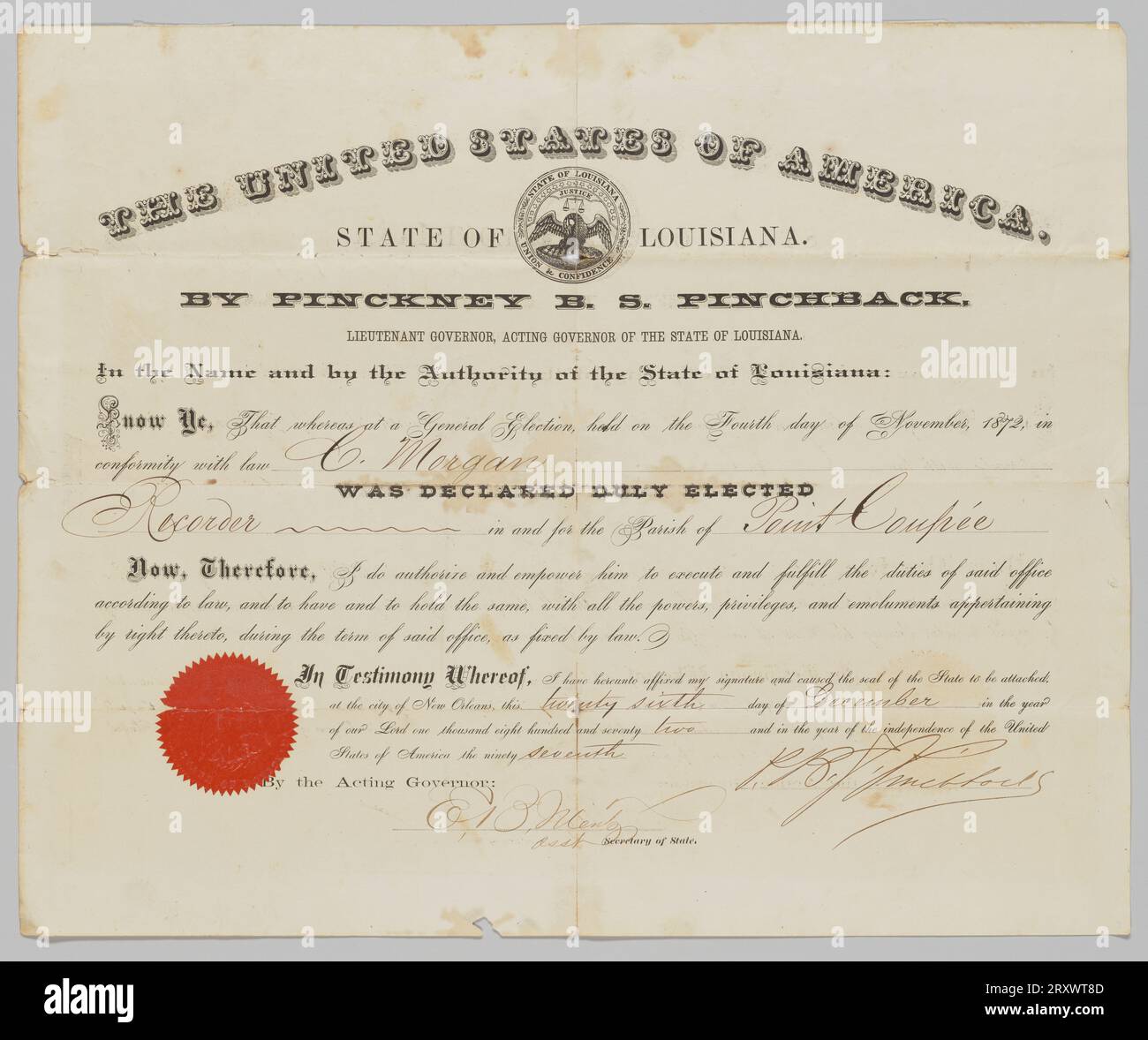 Commission signed by Pinckney Pinchback as acting governor of Louisiana ...