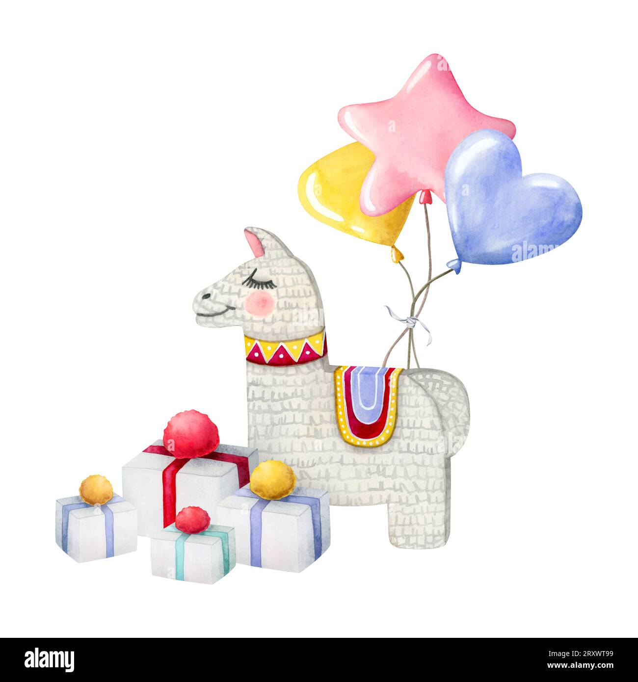 Happy birthday composition with alpaca pinata, balloons and gifts ...