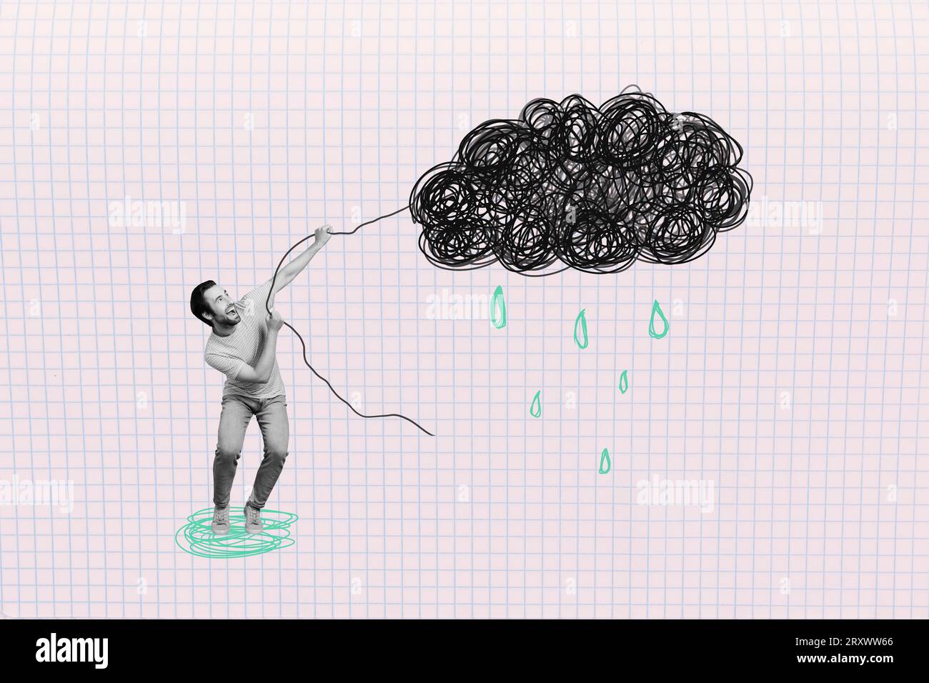 Composite creative illustration photo collage of crazy funny man pull ...