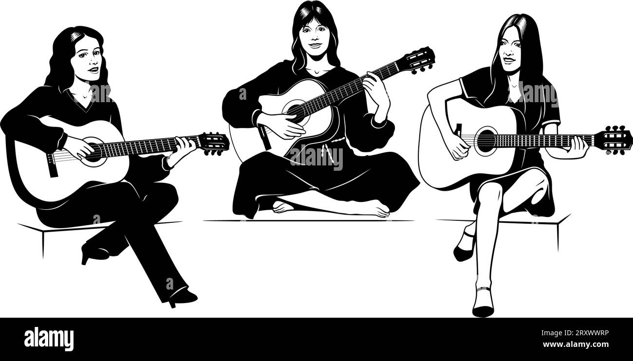 Guitarists Women Trio Silhouettes. Black and white stencil vector ...