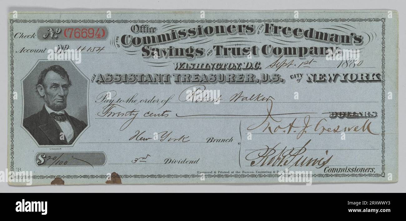 Dividend check from Freedman's Savings and Trust Company 1880 Stock ...