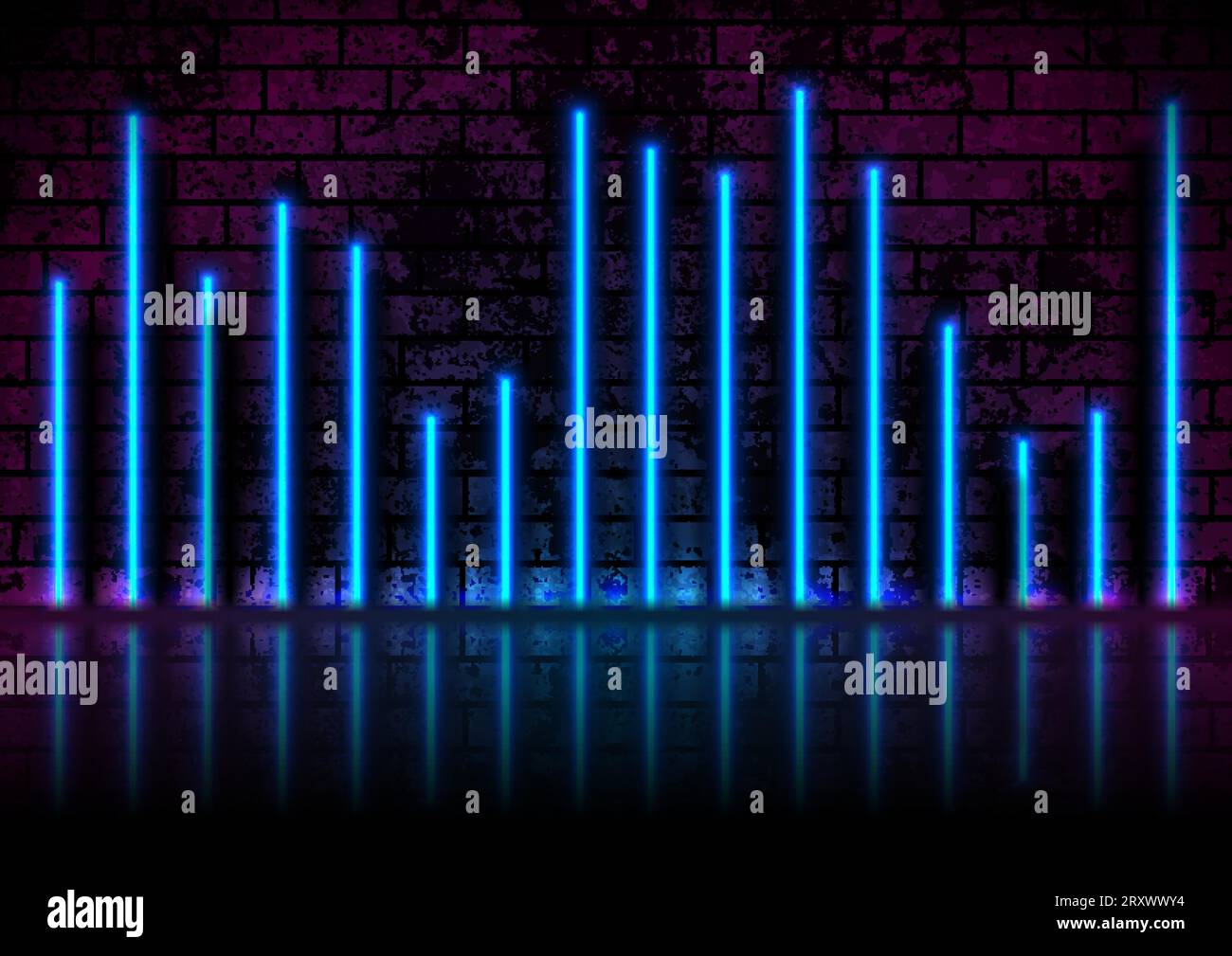 Blue neon laser lines with reflection on grunge brick wall. Abstract ...