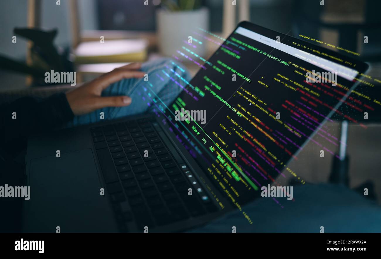 Hands Code Overlay And Laptop Screen With Cybersecurity Hacker And Software Data Analysis