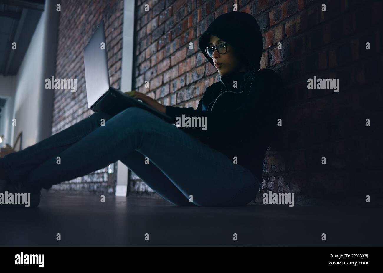 Hacker Woman In Dark Room With Laptop And Information Technology Phishing And Cyber Crime With