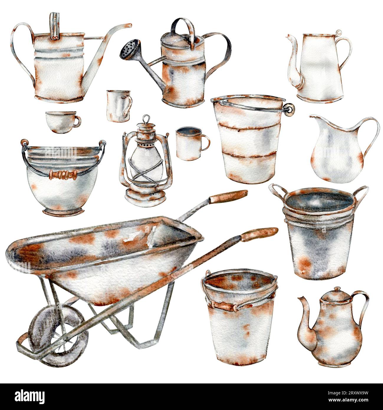Watercolor illustration set of old rusty elements. An old rusty enamel ...