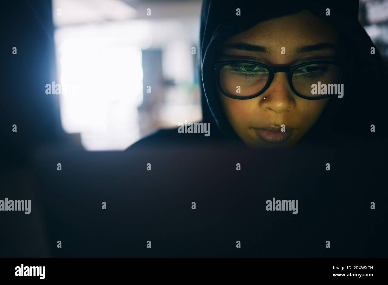 Hacker Woman And Face With Laptop Information Technology For Coding