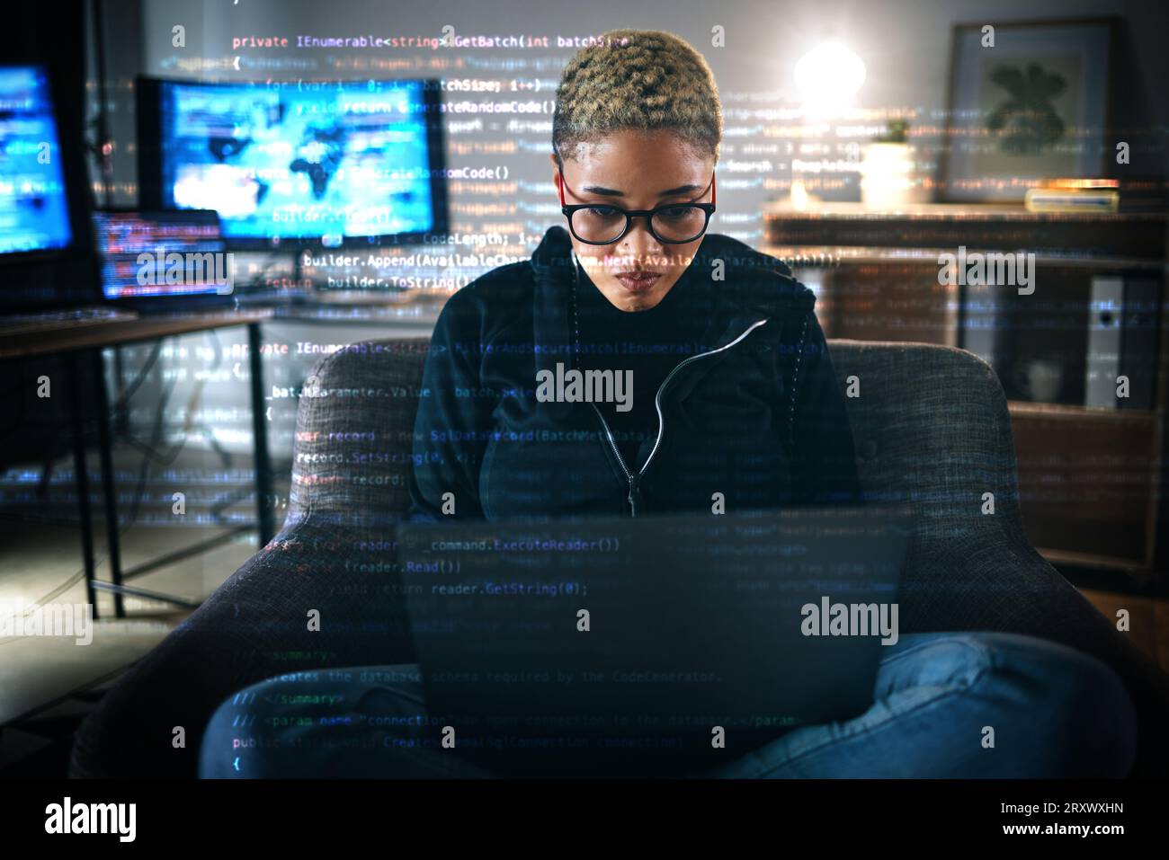 Serious Woman Code Overlay And Laptop Typing With Cybersecurity