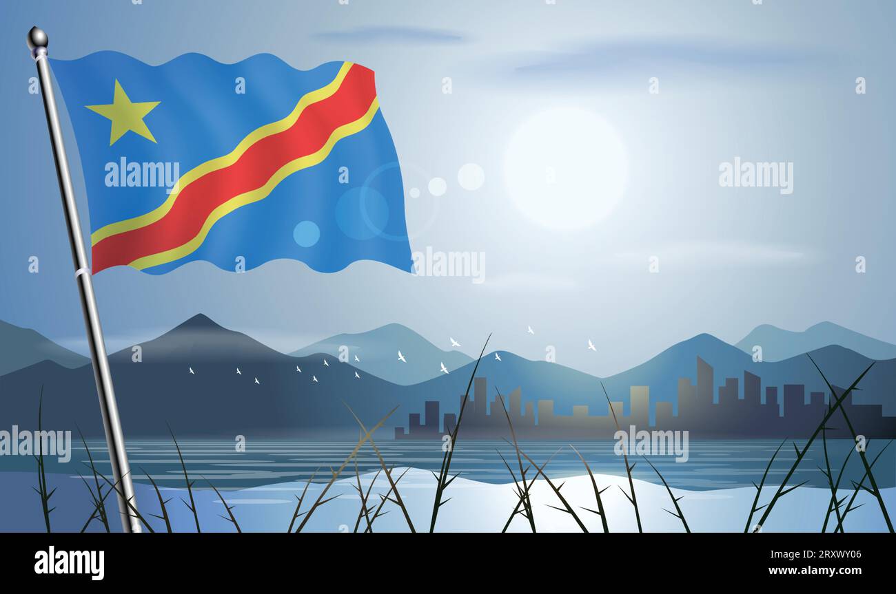 Congo flag with sun background of mountains and lakes Stock Vector ...