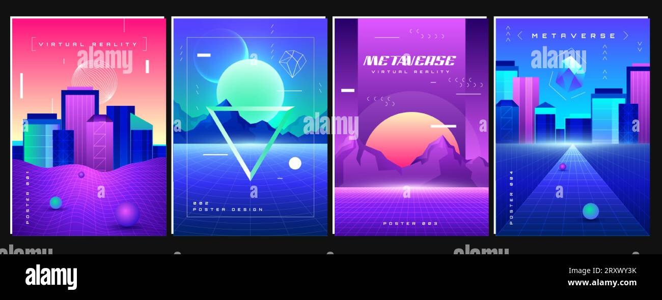 Retro futuristic space posters with synthwave background. Retrowave ...