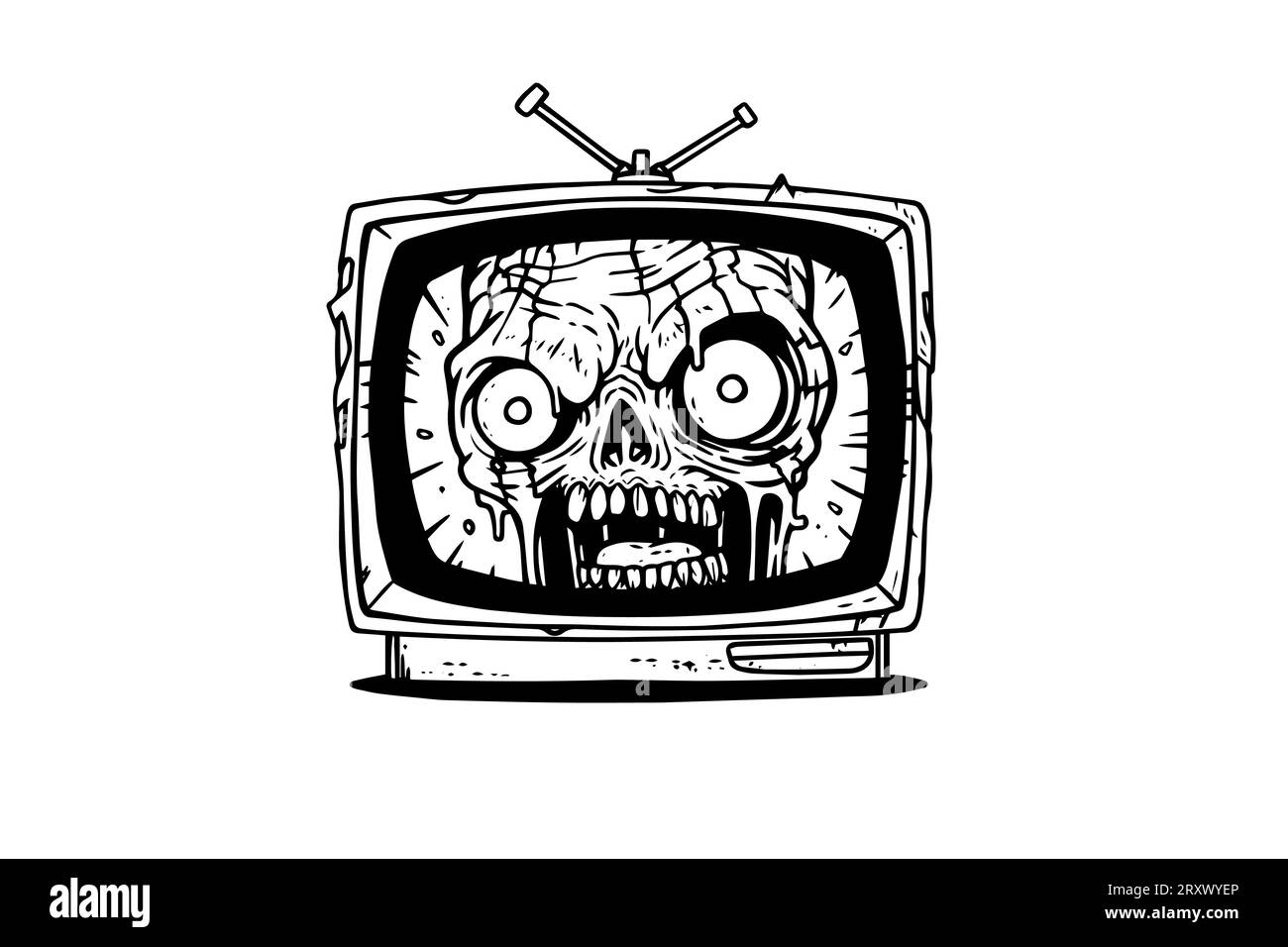 Zombie TV box hand drawn ink sketch. Engraving style vector ...