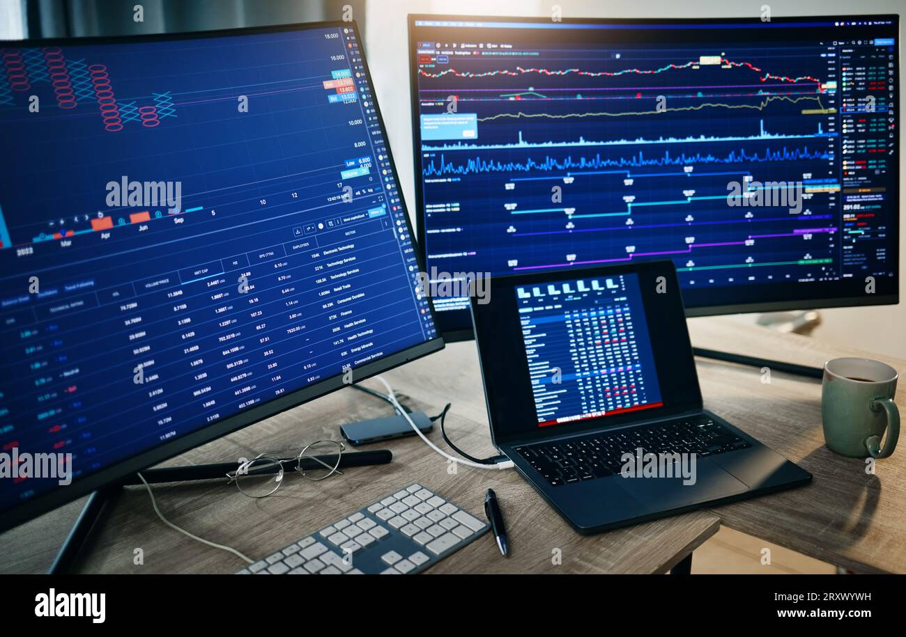 Computer screen, laptop and trading, workspace with financial dashboard ...