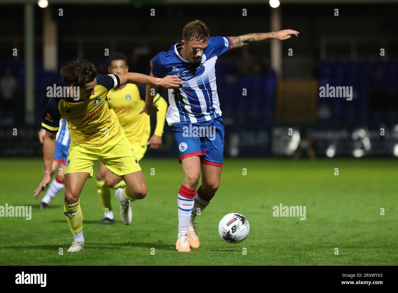 Oliver Finney of Hartlepool United in action with Solihull Moors' James ...