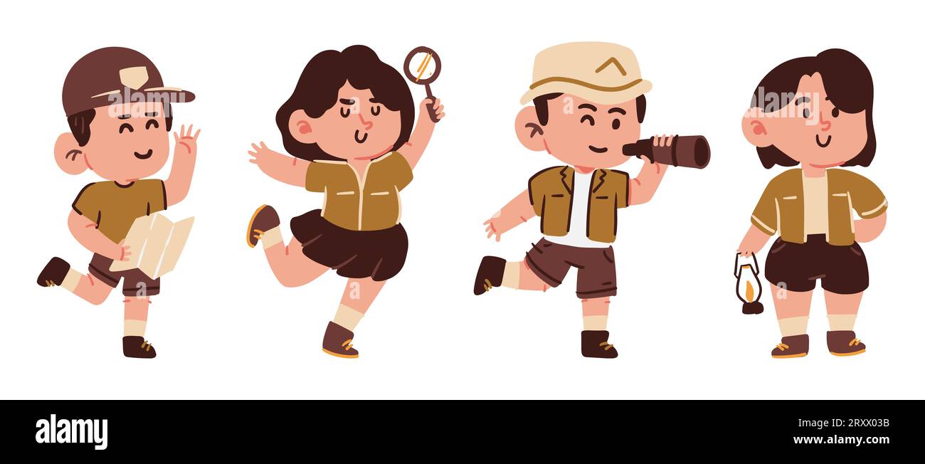 Children with adventure uniform . Hand drawn style . Set of cute ...