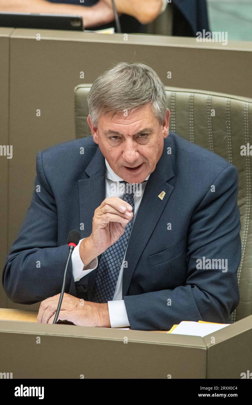 Flemish Minister President Jan Jambon gestures during a plenary session of the Flemish ...