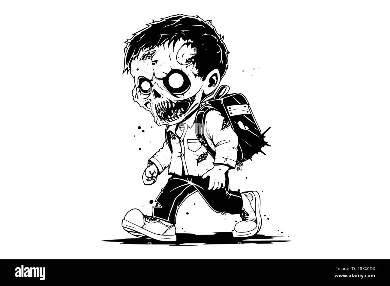 Zombie with a backpack hand drawn ink sketch. Vector illustration in ...