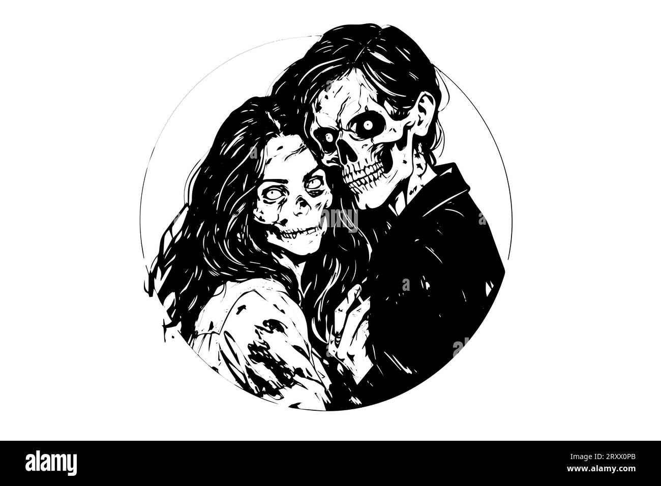 Zombie love match pair hand drawn ink sketch. Woman and man zombies ...