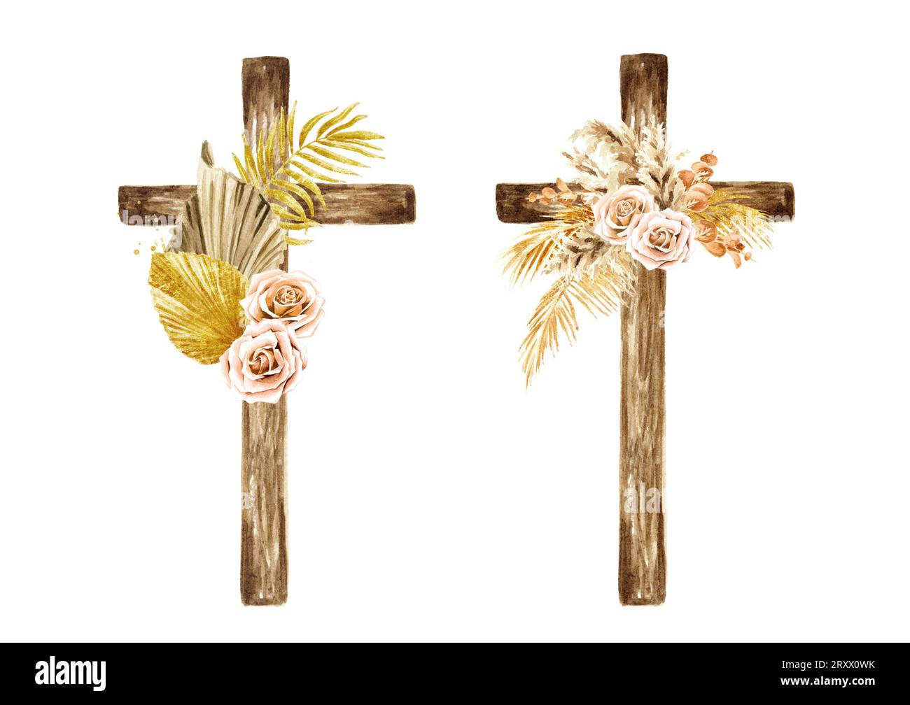 Wooden catholic cross decorated Boho flowers set, Hand drawn watercolor ...