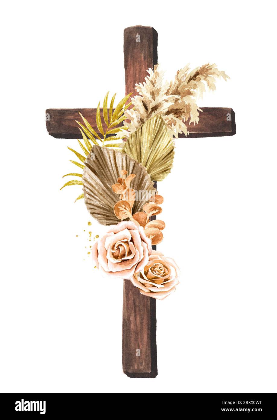Wooden catholic cross decorated Boho flowers, Hand drawn watercolor ...