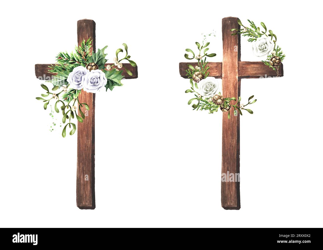 Wooden catholic cross decorated winter flowers set, Hand drawn ...