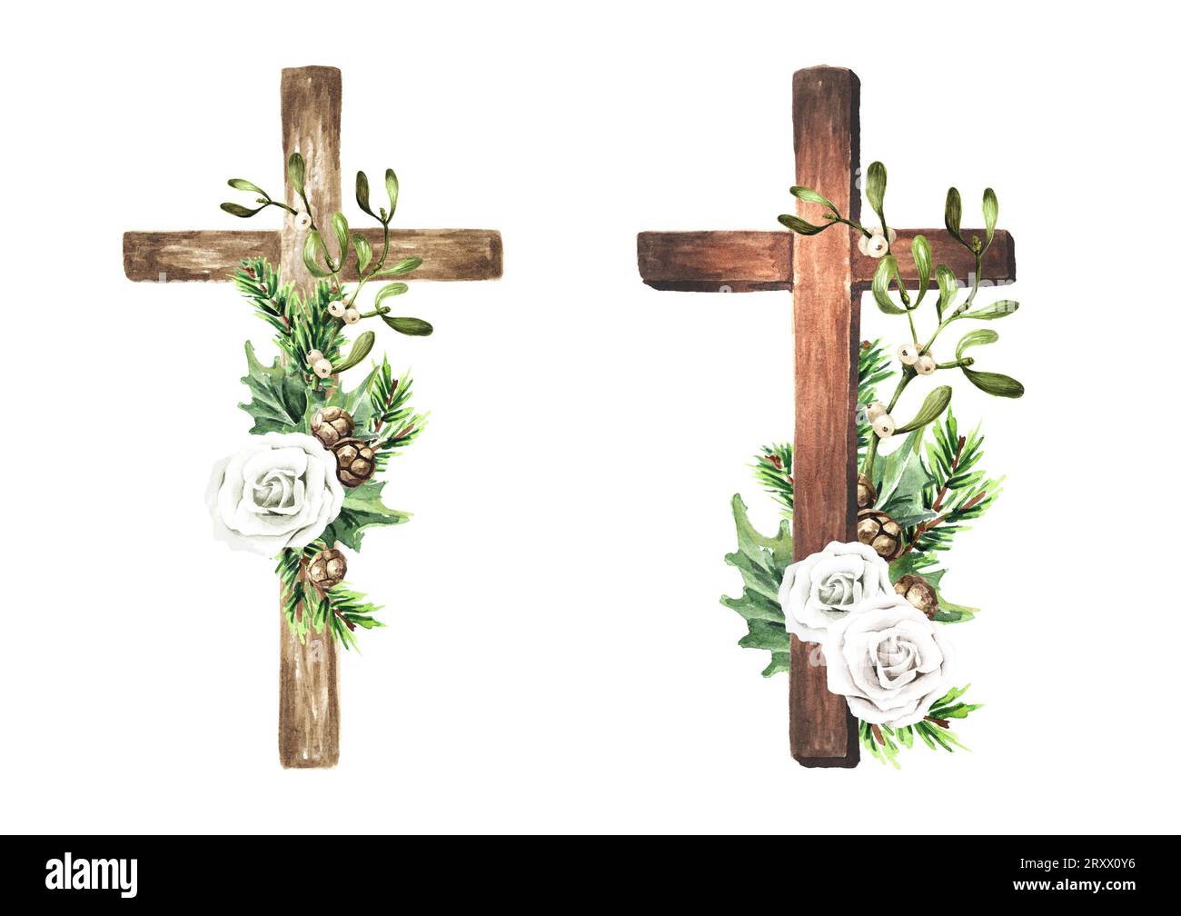 Wooden catholic cross decorated winter flowers set, Hand drawn ...