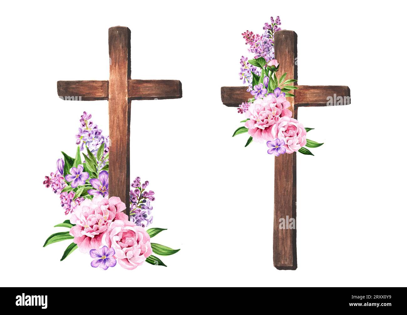 Wooden catholic cross decorated with flowers set, Hand drawn watercolor ...
