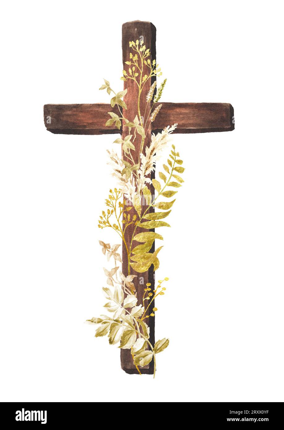 Wooden catholic cross decorated with plants, Hand drawn watercolor ...