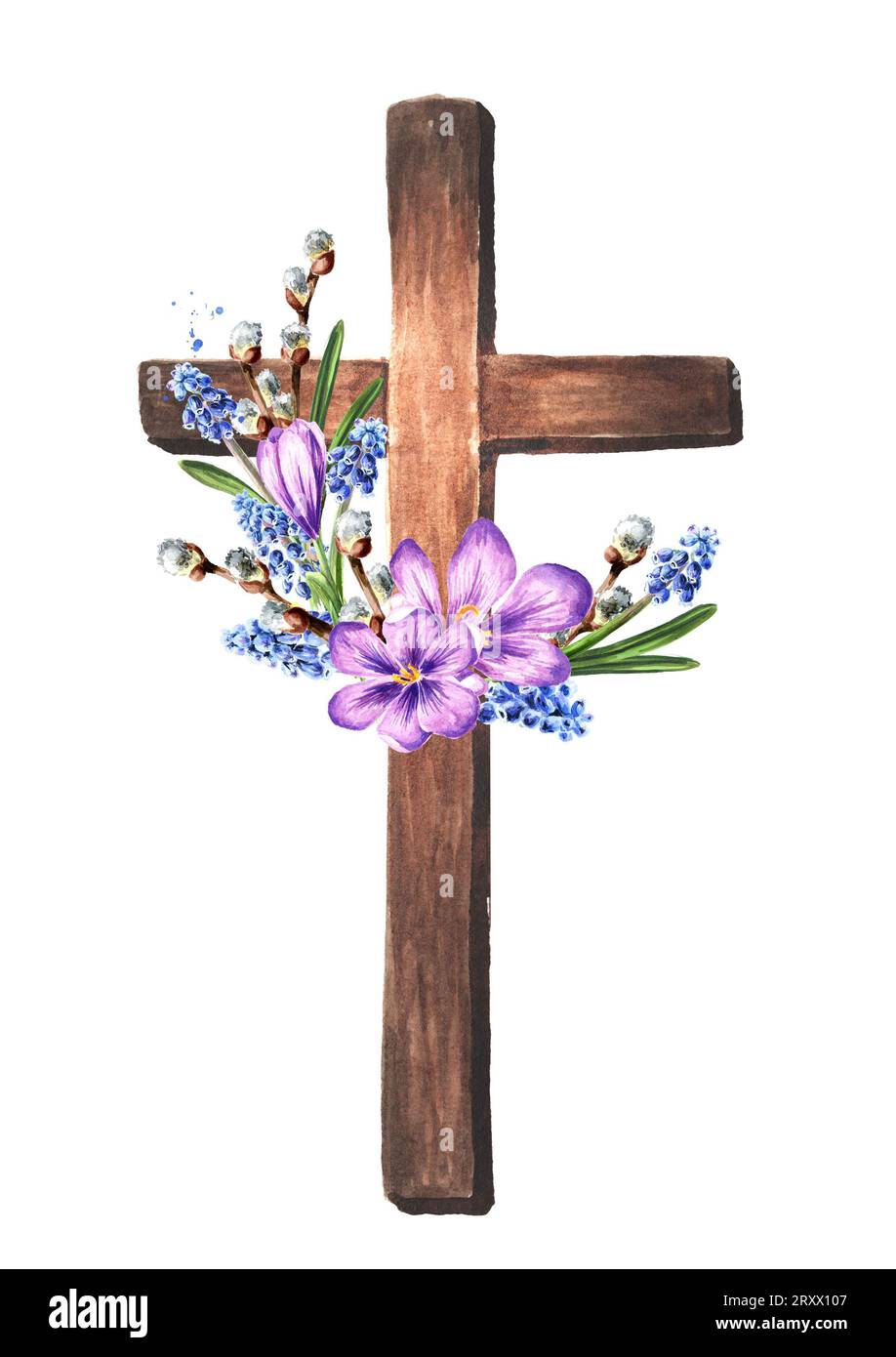 Wooden catholic cross decorated with spring flowers, Hand drawn ...
