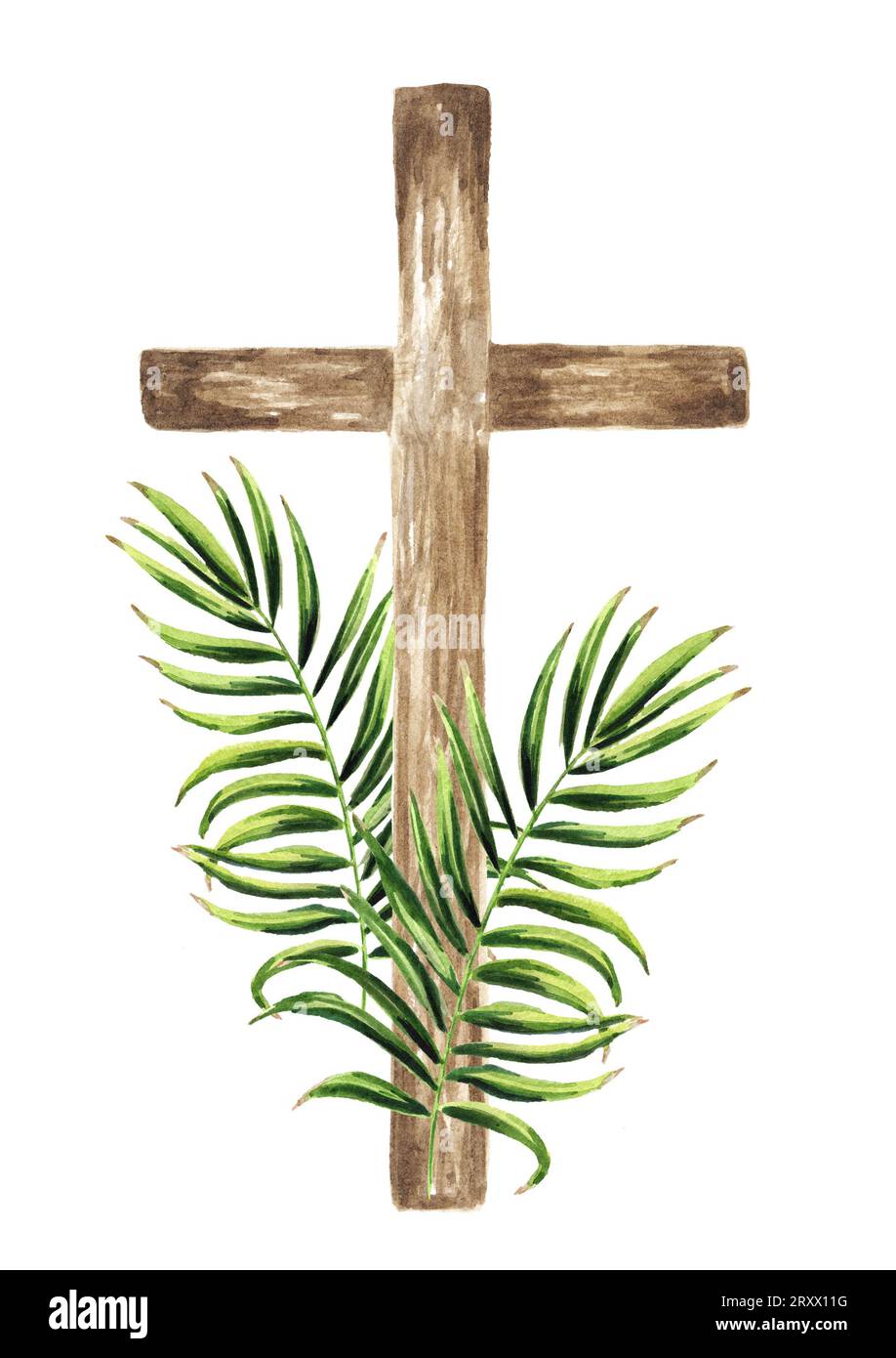 Wooden catholic cross with palm leaf, Palm Sunday Concept. Hand drawn ...