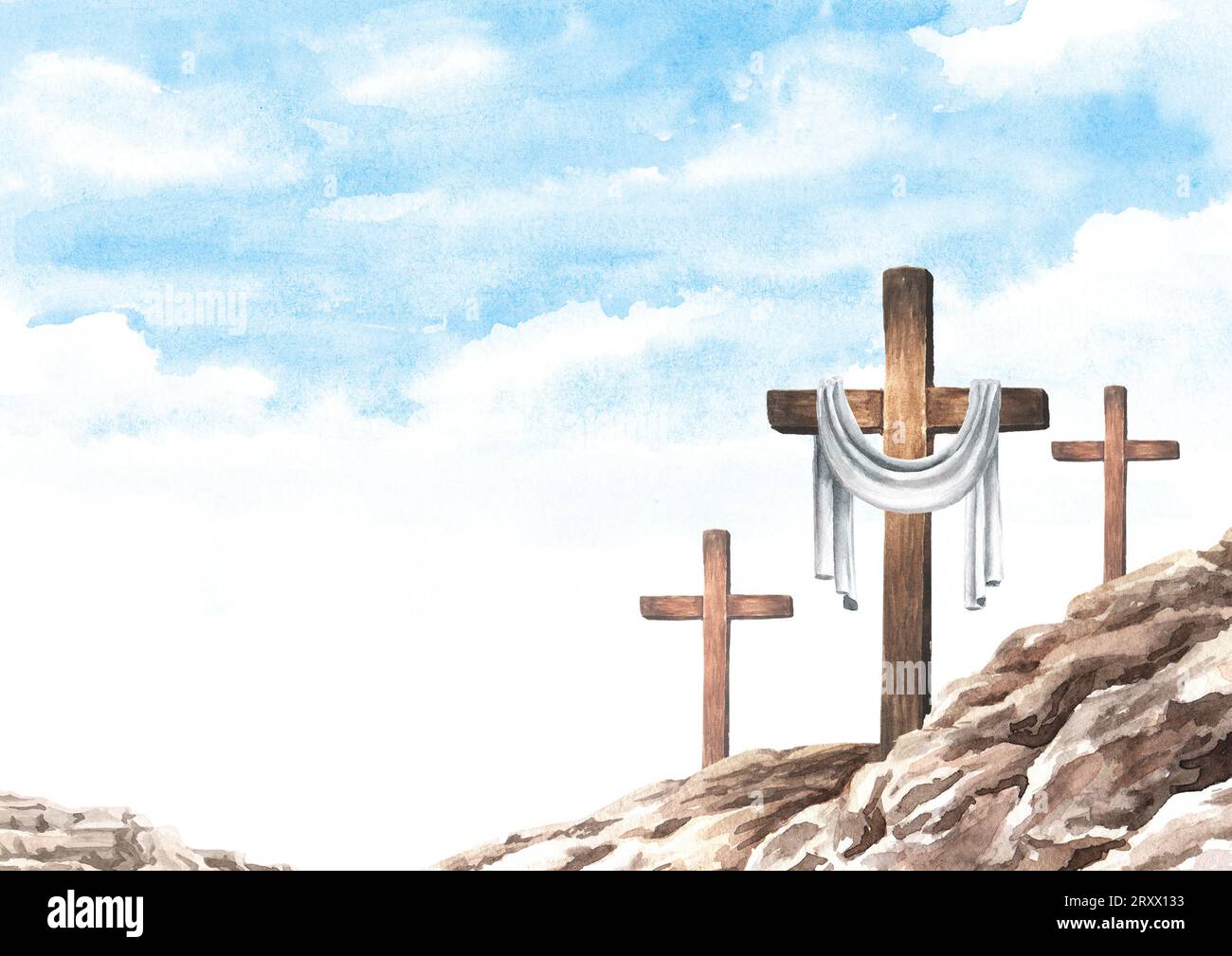 Wooden holy cross on Mount Golgotha. Hand drawn watercolor illustration ...
