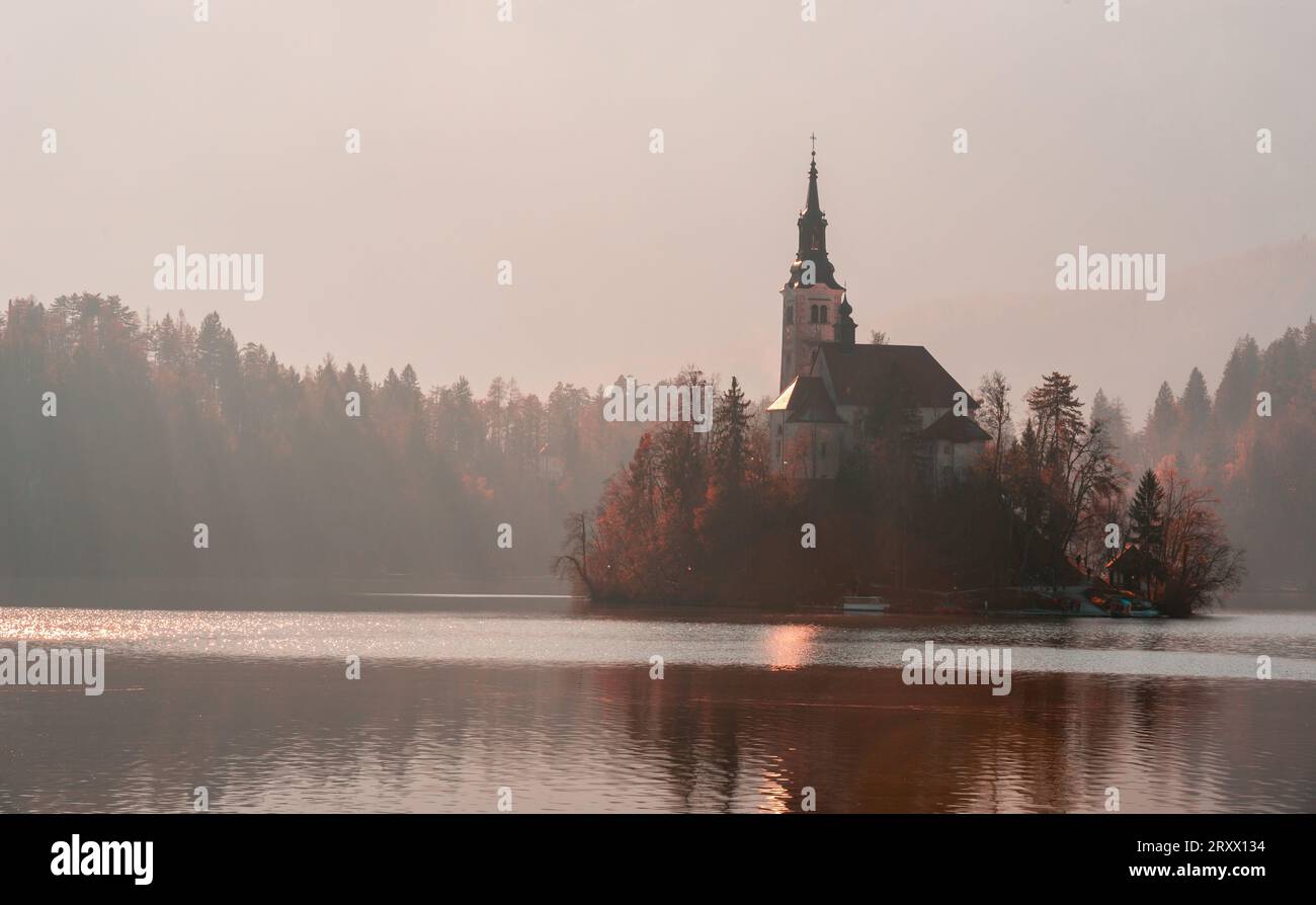 Landscape at sunrise with the Church of the Mother of the God on Lake ...