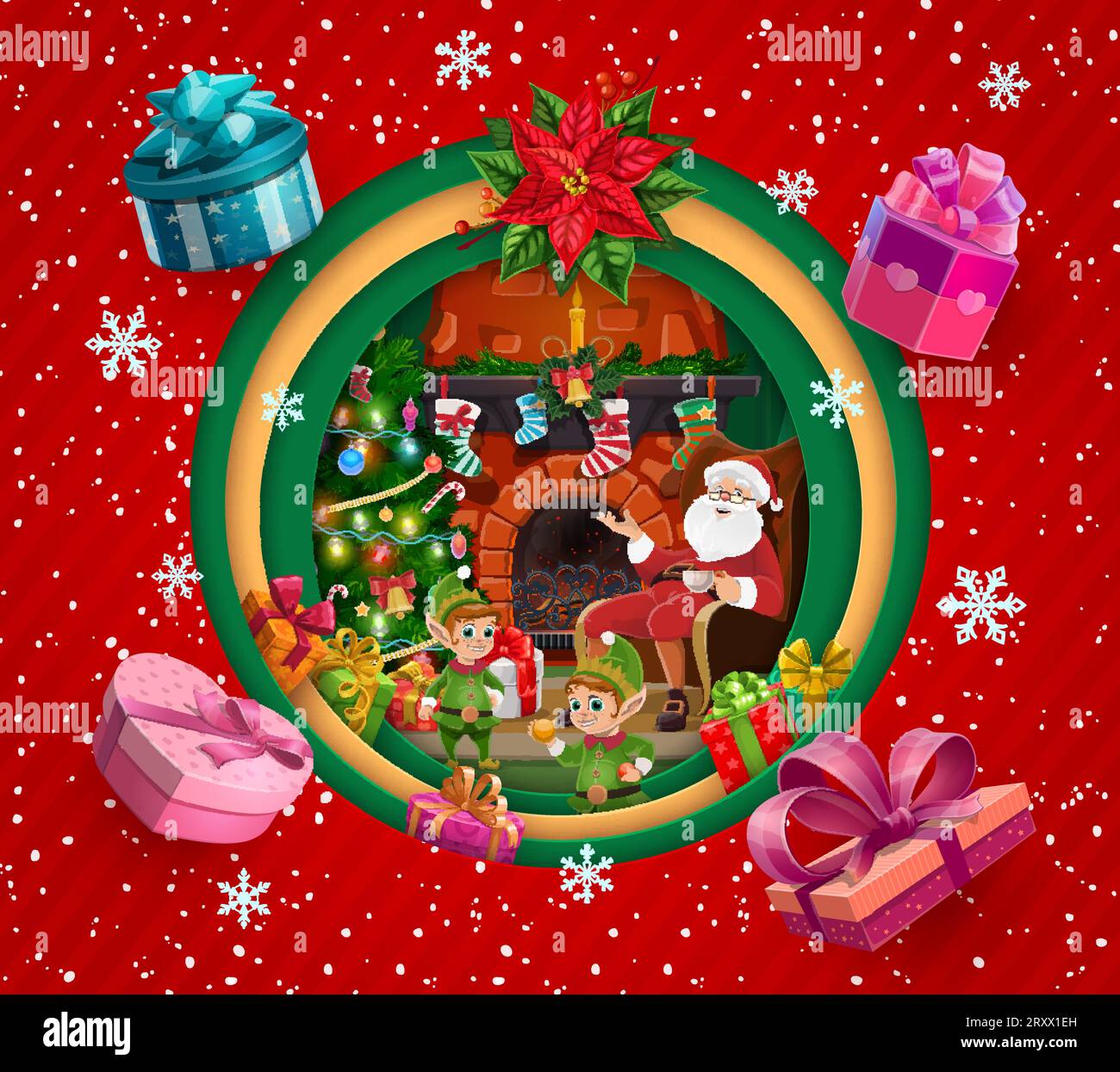 Cartoon Christmas paper cut banner with presents and snowflakes, Santa ...