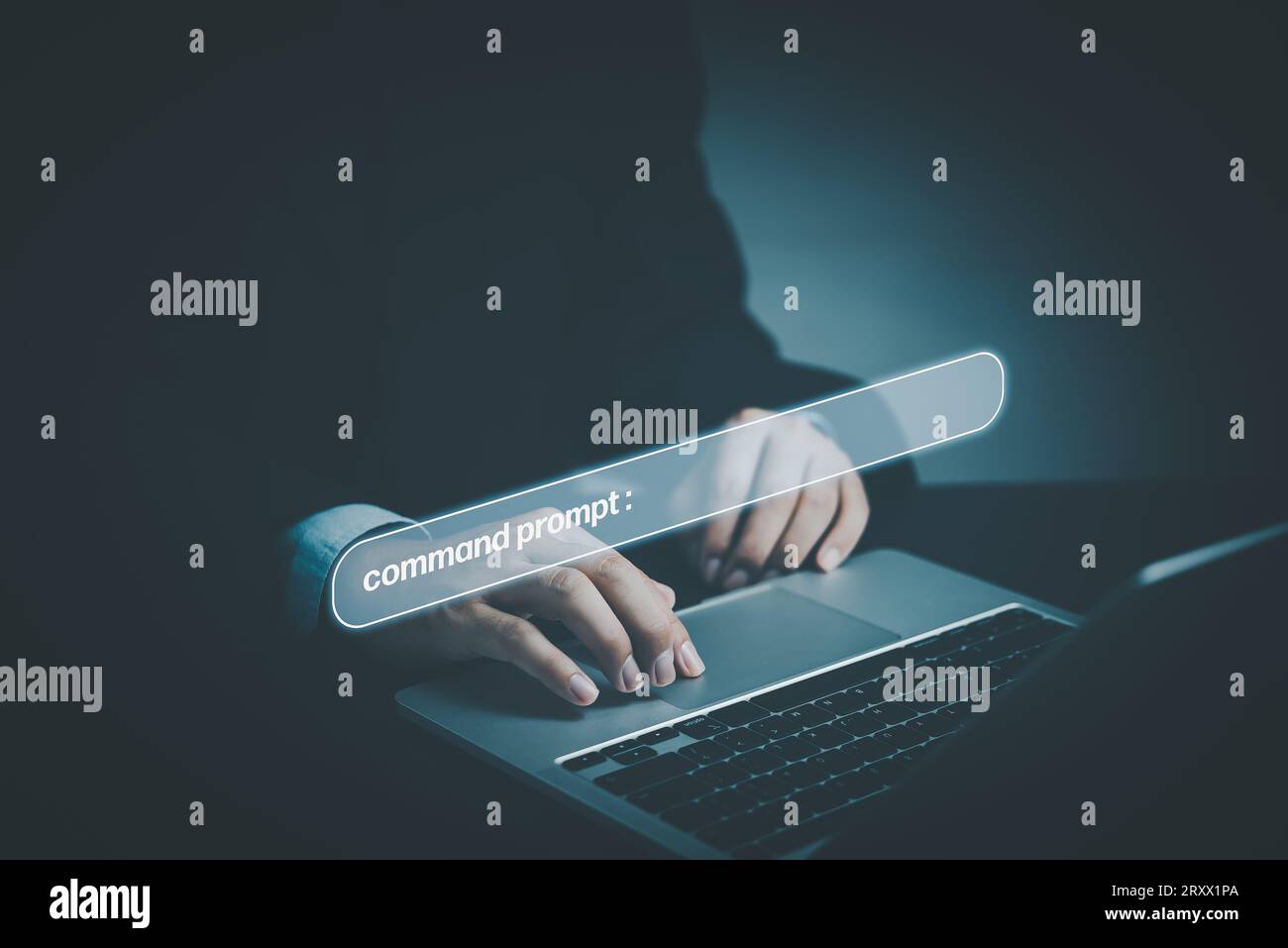 command prompt virtual screen digital technology. businessperson using ...