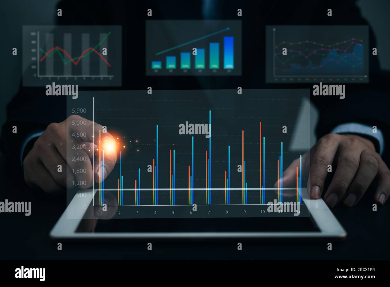 Business analysis big data screen and economic growth with financial graph. digital tablet ...