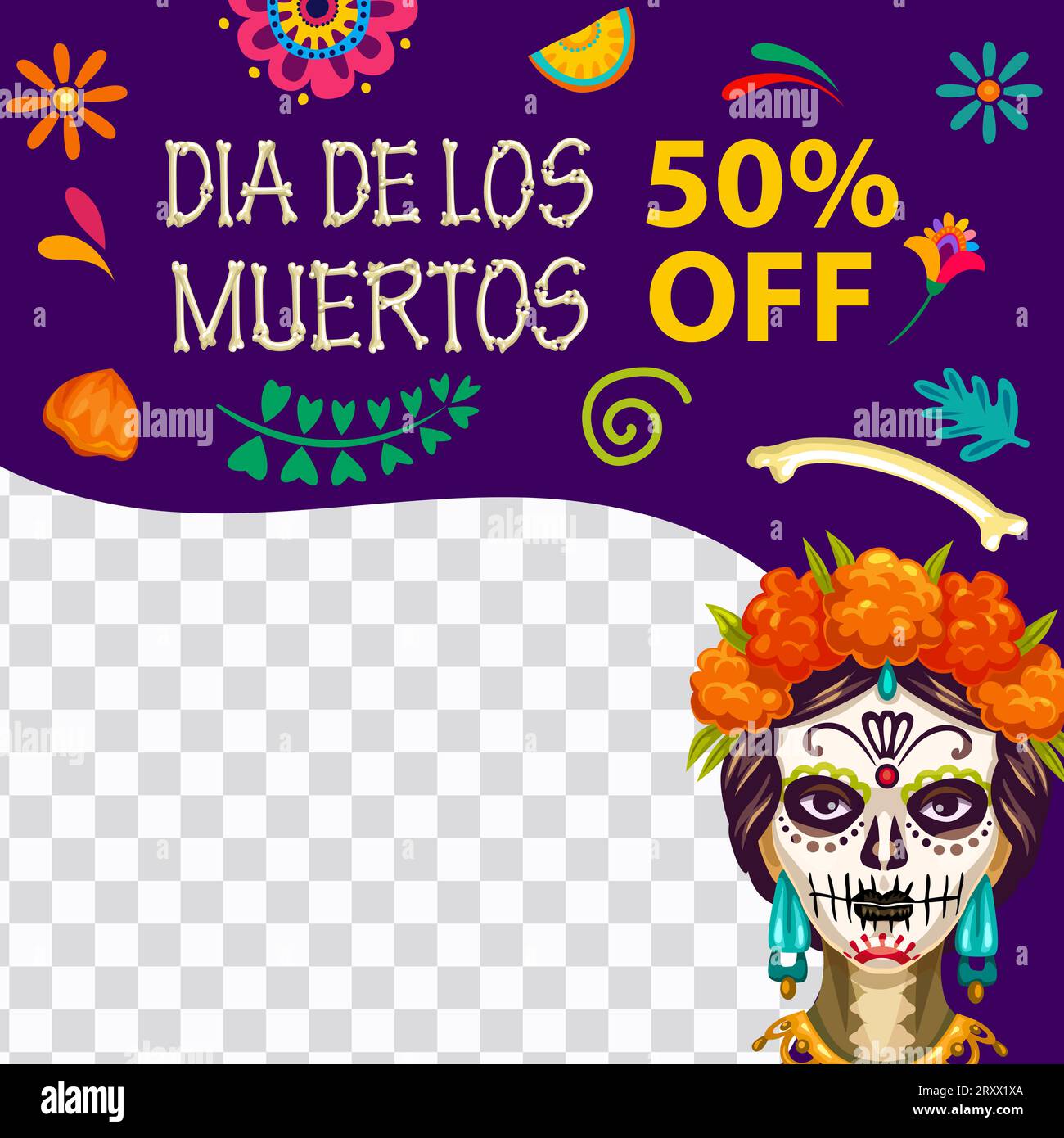 Day of the Dead mexican holiday sale banner template with Dia De Los ...