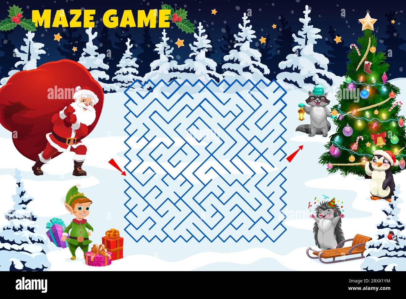 Christmas labyrinth maze help to Santa find a pine holiday tree. Kids ...