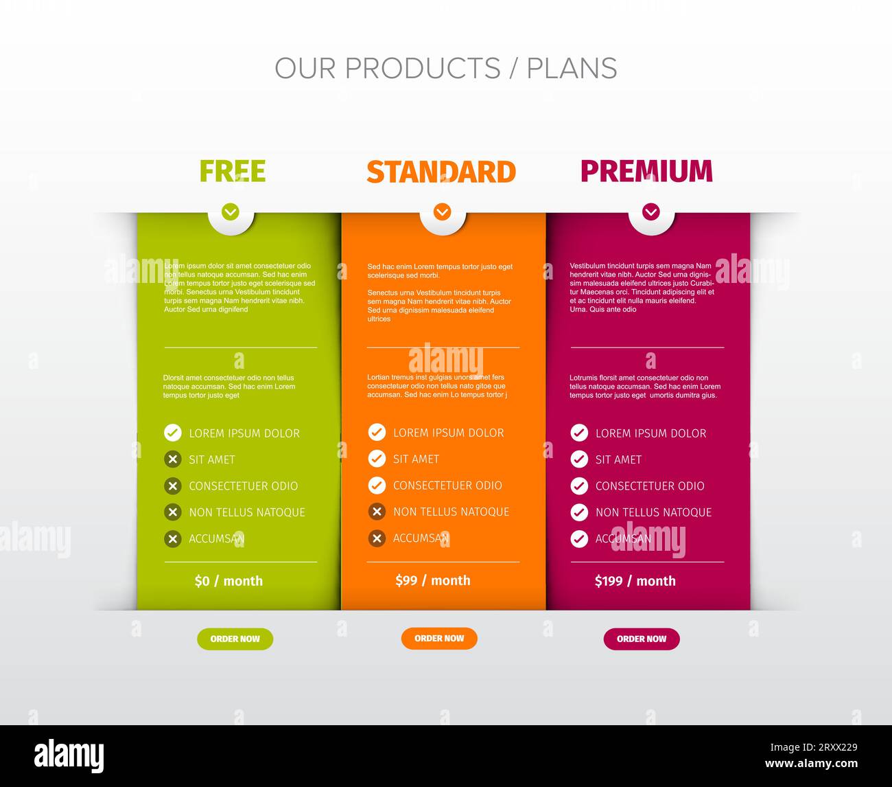 Product features schema template cards with three services, feature ...