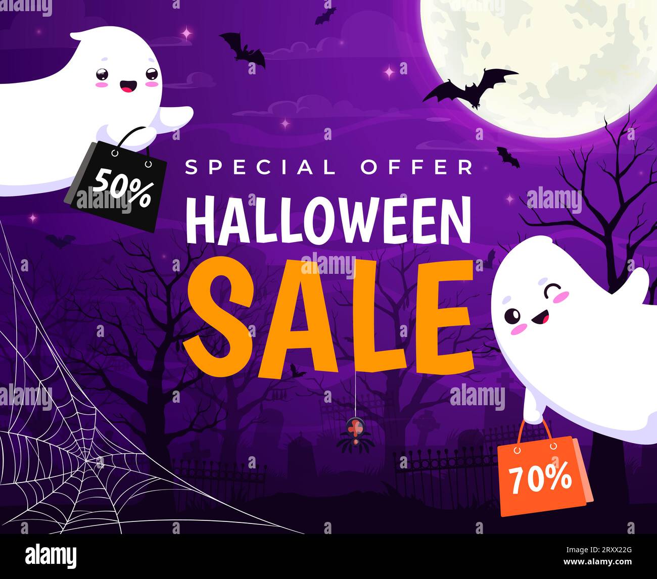 Halloween sale banner with flying cute kawaii ghosts. Vector ads ...