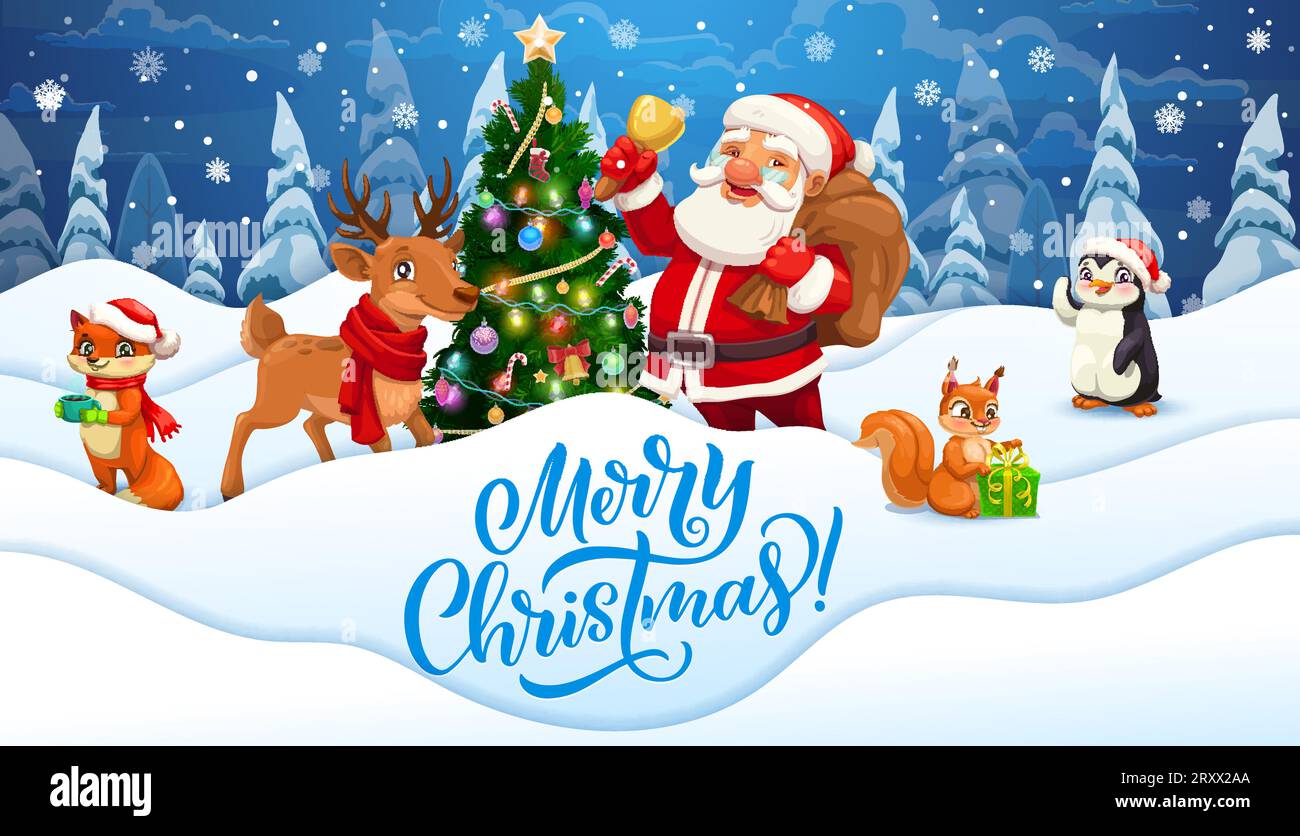 Cartoon paper cut snow waves, funny animals and Santa with bell. Xmas ...