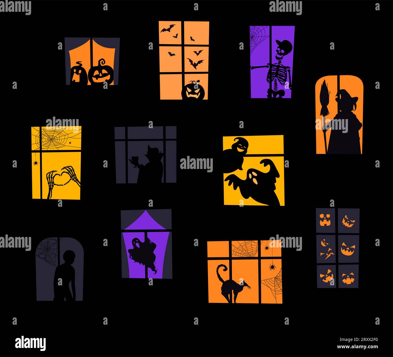 Halloween window with scary, creepy and spooky silhouettes. Vector ...