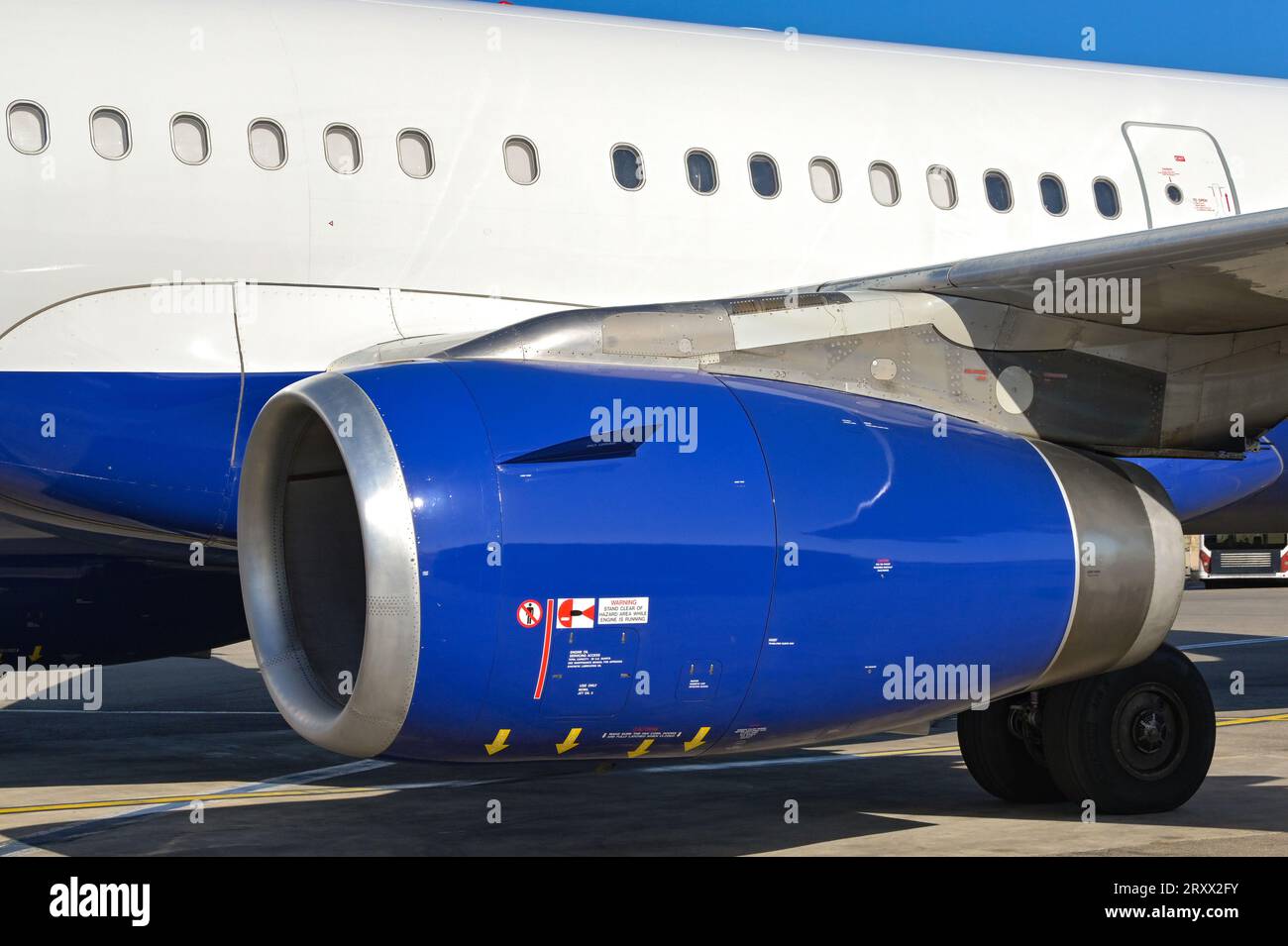 Luqa, Malta, UK - 7 August 2023: Close up view of one of the engines on ...