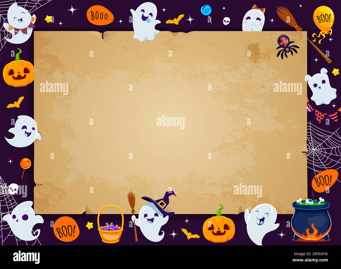 Halloween holiday kawaii ghosts and vintage scroll, vector greeting ...