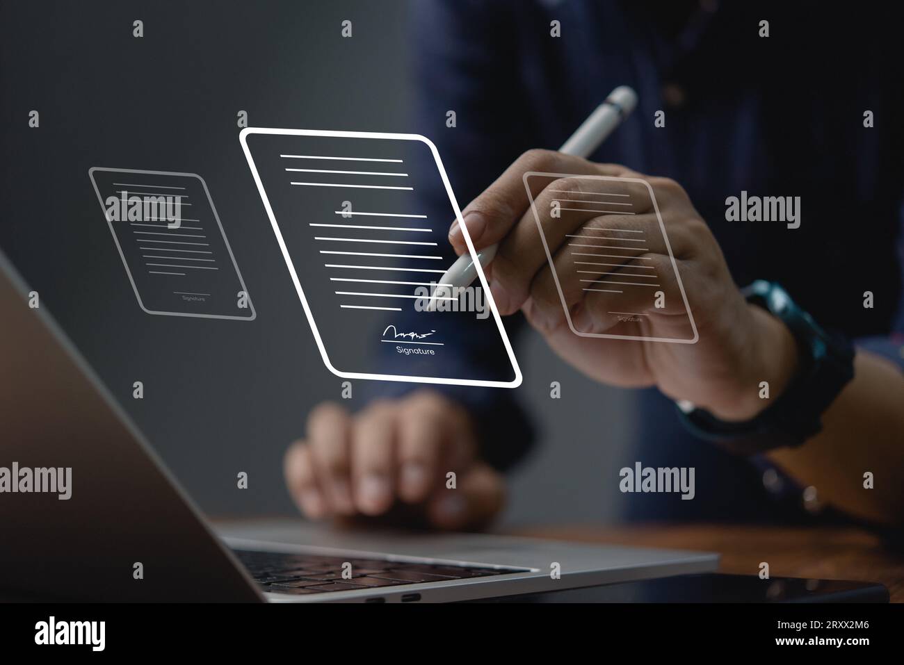 Electronic signing Digital contract on virtual document. Technology ...