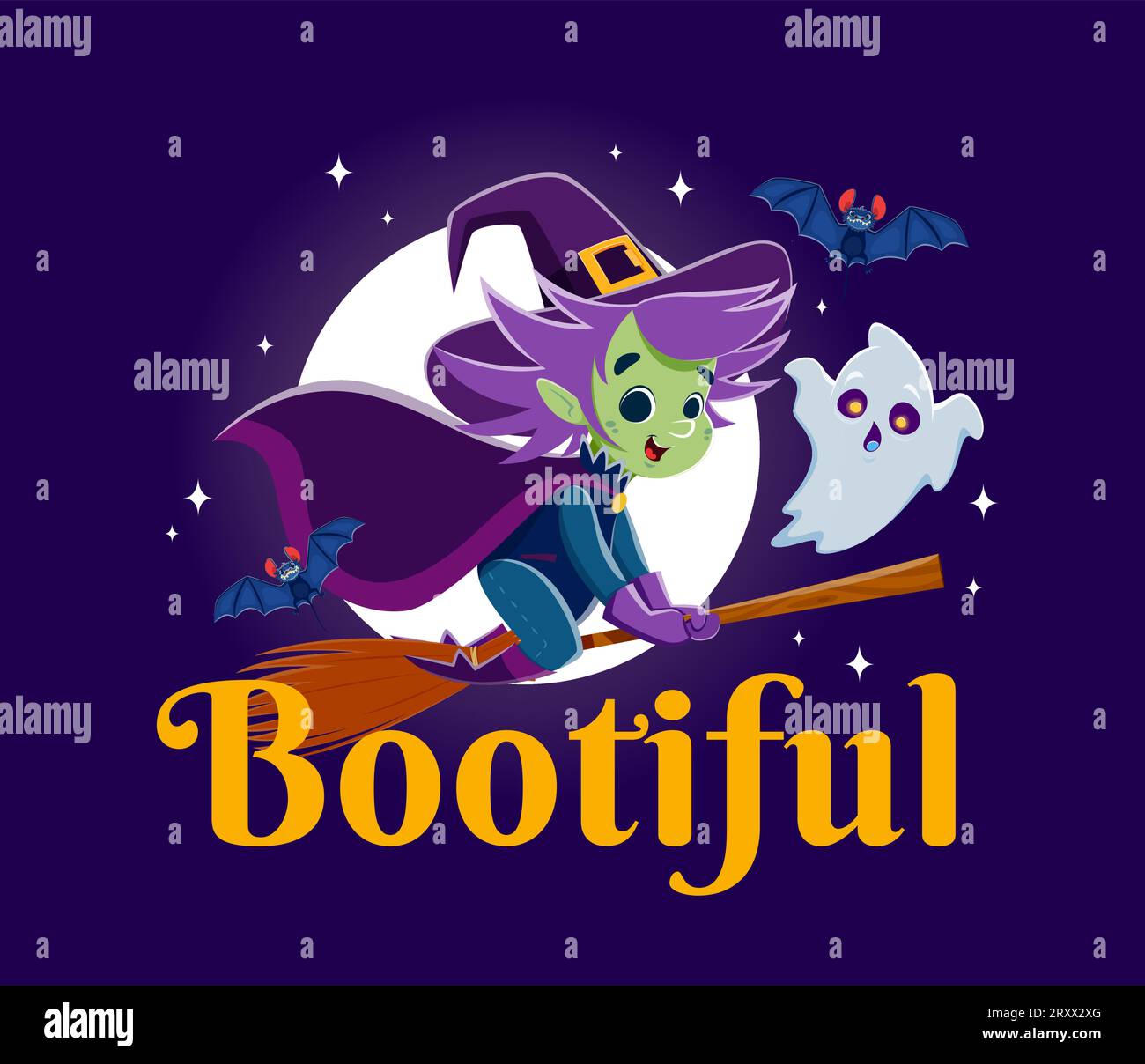 Bootiful Halloween quote cartoon witch on the broom and kawaii ghost ...
