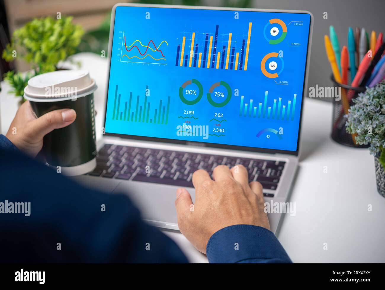 business analysis and Data Management System financial KPI data profits dashboard on computer ...